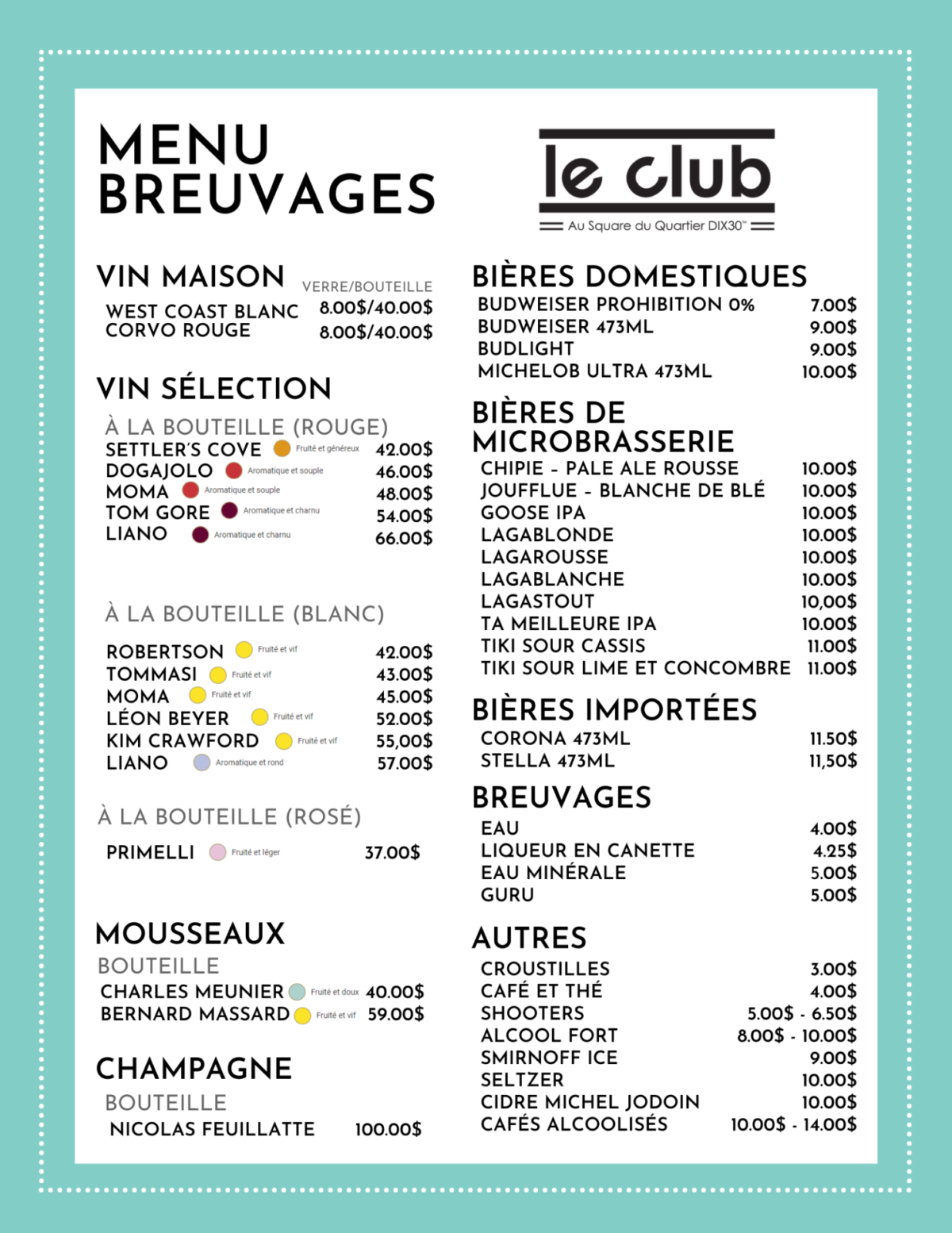 Le Club Dix30 | Menu Bar