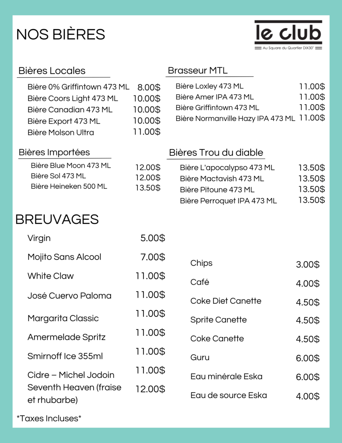 Le Club Dix30 | Menu Bar